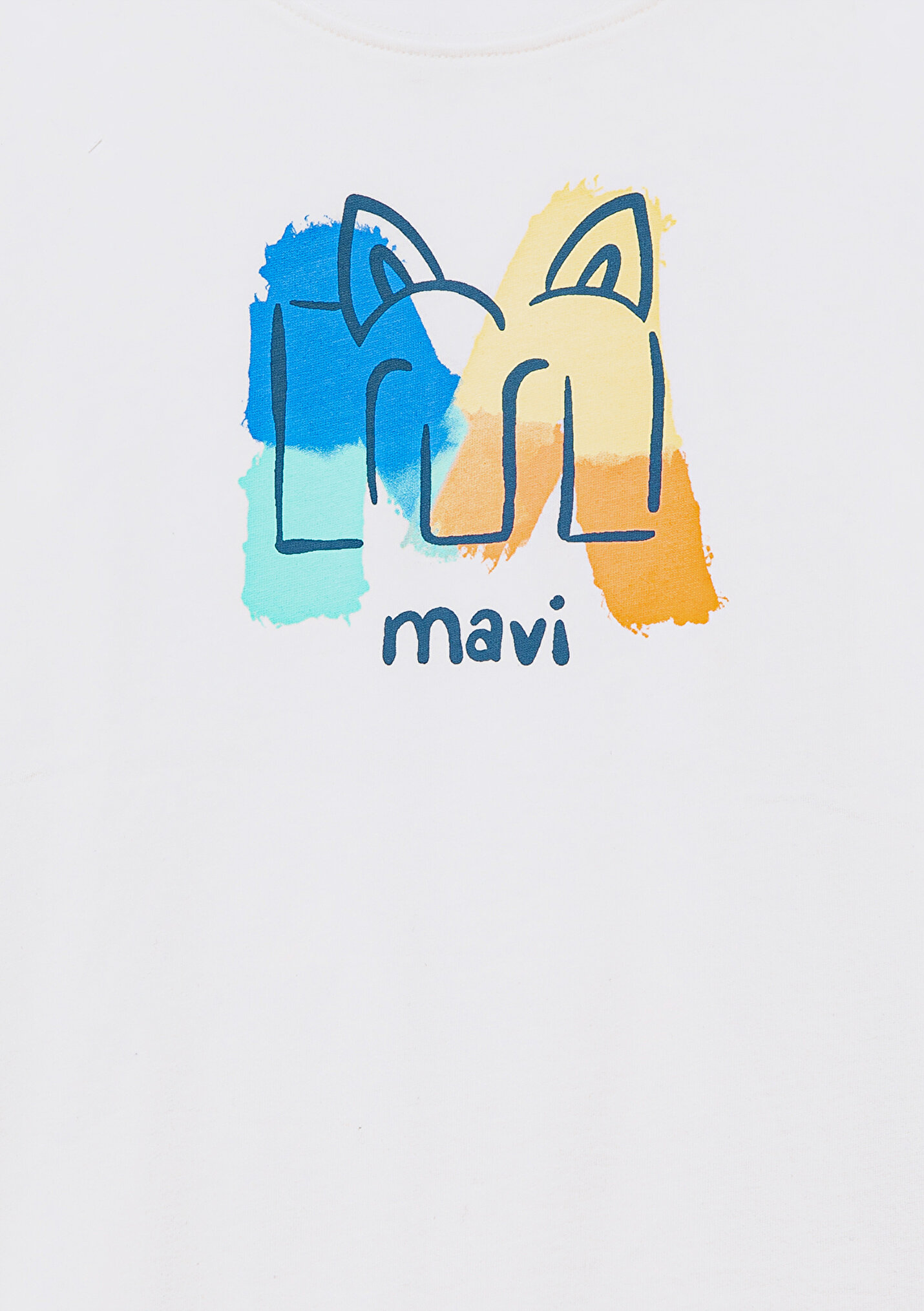 Kız Çocuk Mavi Logo Kedi Baskılı Ekru Tişört