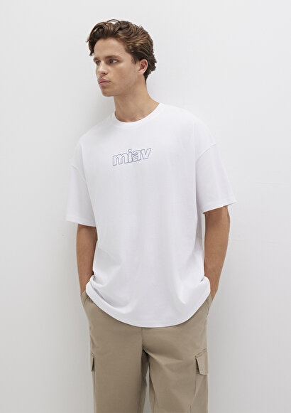 Miav Baskılı Oversize Beyaz Tişört - Mavi