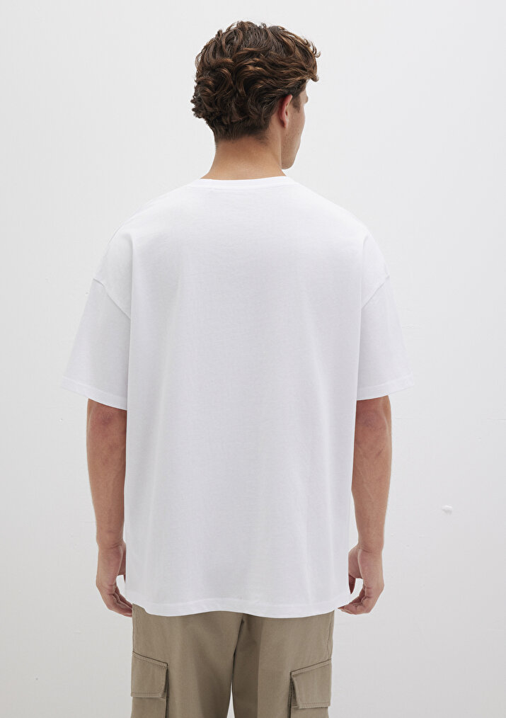 Miav Baskılı Oversize Beyaz Tişört - Mavi