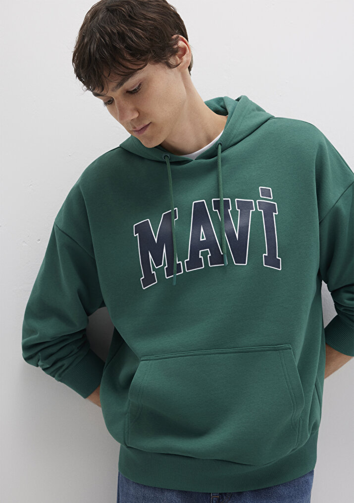 Mavi Logo Baskılı Kapüşonlu Yeşil Sweatshirt - Mavi