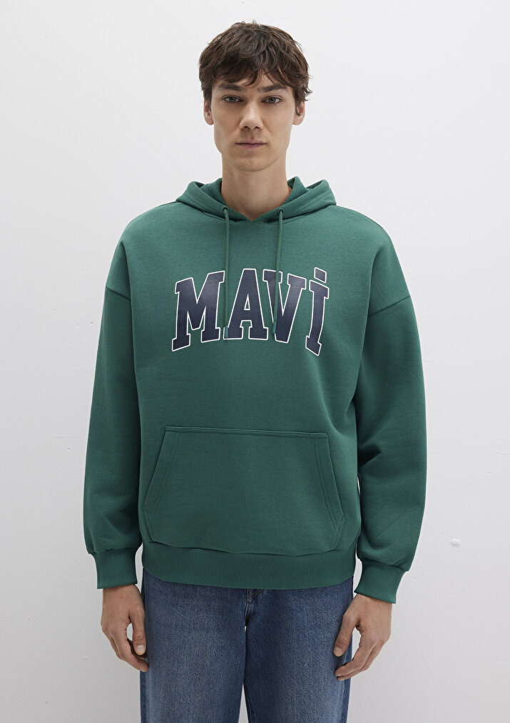 Mavi Logo Baskılı Kapüşonlu Yeşil Sweatshirt - Mavi