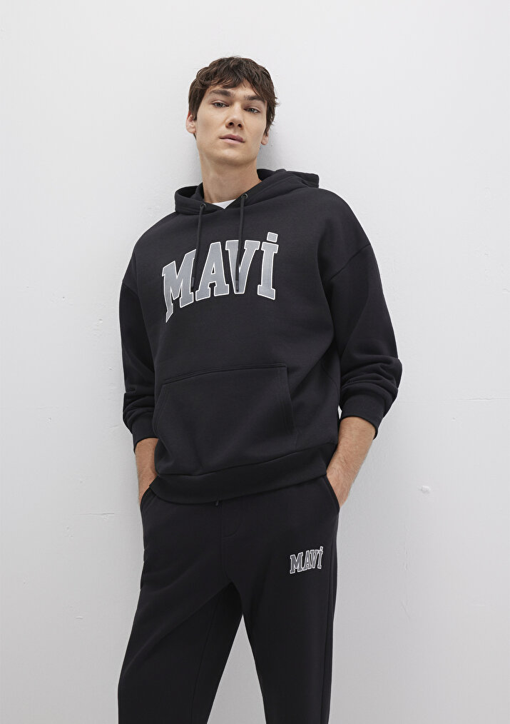 Mavi Logo Baskılı Kapüşonlu Siyah Sweatshirt - Mavi