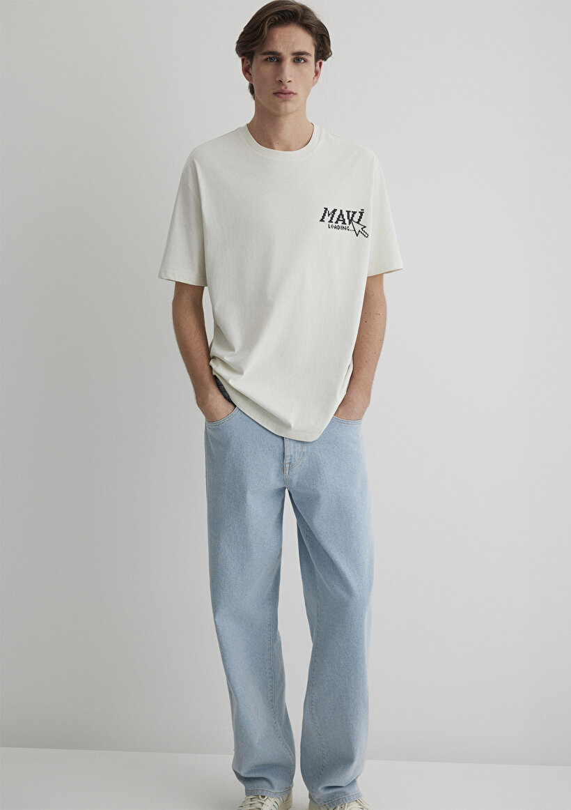 Outlet Erkek Sırt Baskılı Ekru Tişört