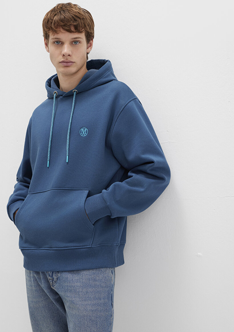 Erkek Mavi Logo Nakışlı Kapüşonlu Mavi Sweatshirt.