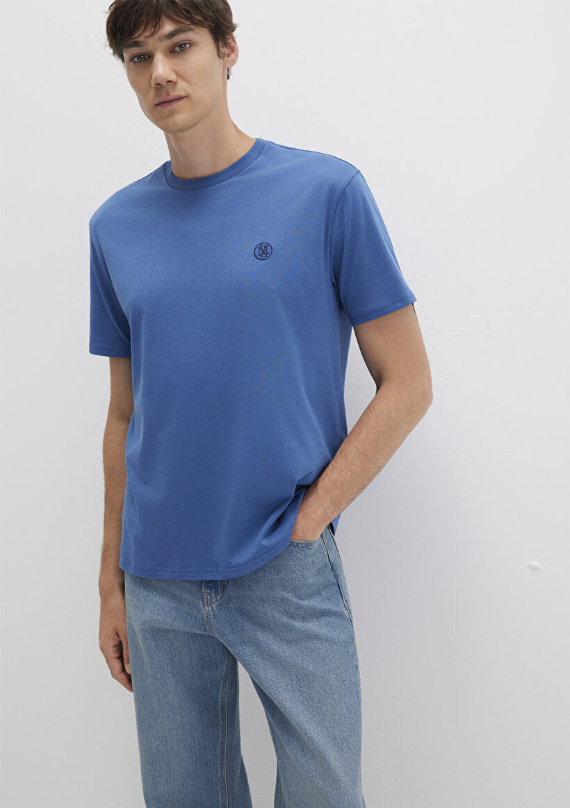 Erkek Mavi Logo İşlemeli Mavi Basic Tişört