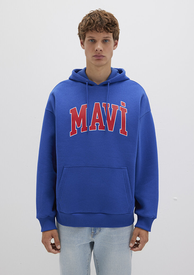 Erkek Mavi Logo Baskılı Kapüşonlu Mavi Sweatshirt