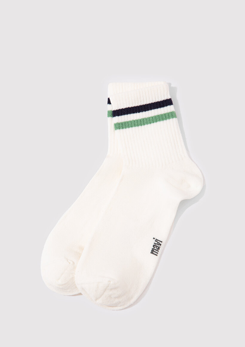 Erkek Şerit Detaylı Ekru Soket Çorap