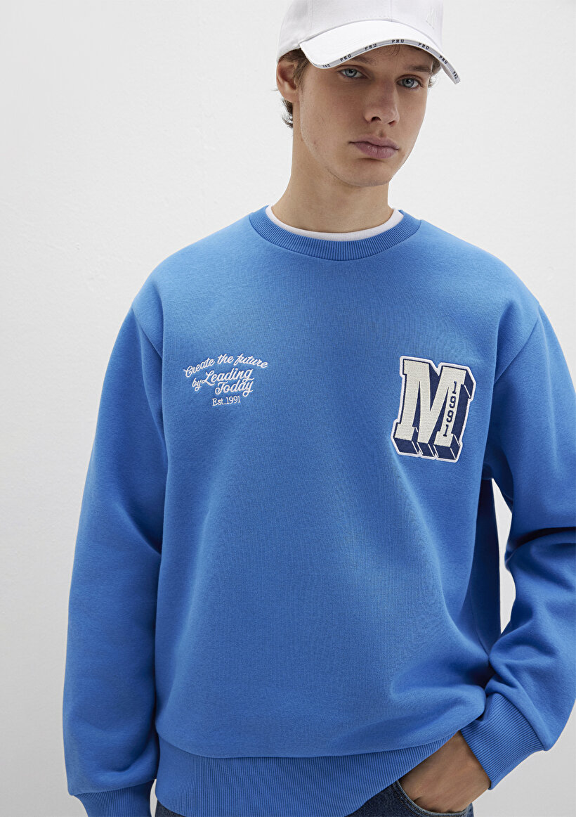 Outlet Erkek M Logo Nakış Detaylı Mavi Sweatshirt