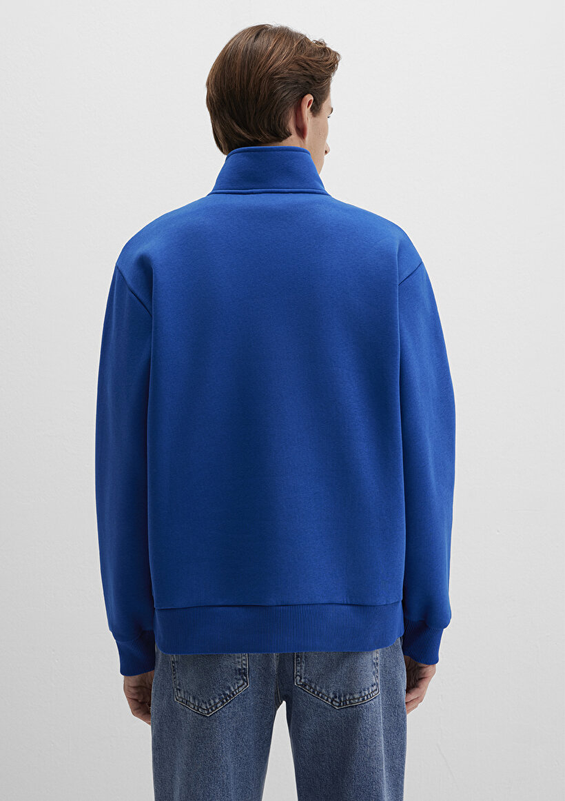 Outlet Erkek Yarı Fermuarlı Mavi Logo Baskılı Mavi Sweatshirt