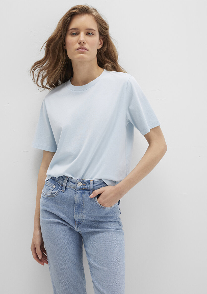 Kadın Bisiklet Yaka Mavi Basic Tişört