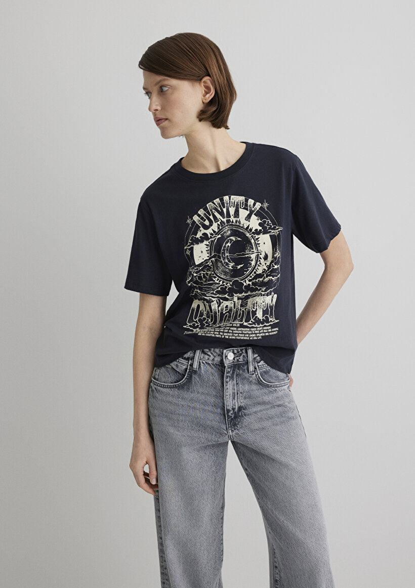 Kadın Astroloji Baskılı Antrasit Tişört