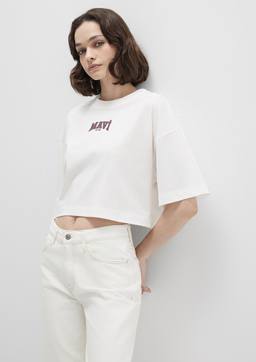 Kadın Mavi Logo Baskılı Ekru Crop Tişört