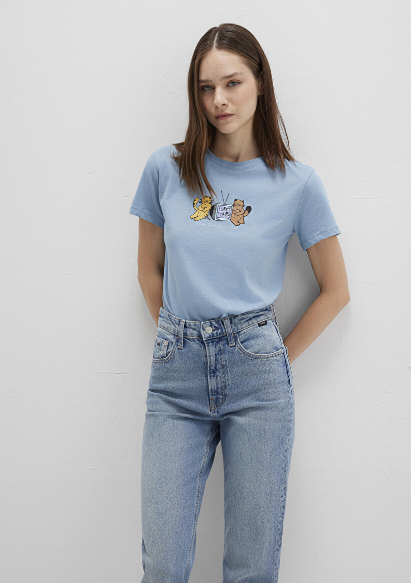 Outlet Kadın Kedi Baskılı Mavi Tişört