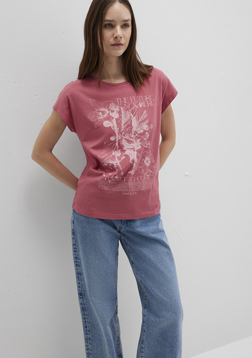 Outlet Kadın Çiçek Baskılı Pembe Tişört