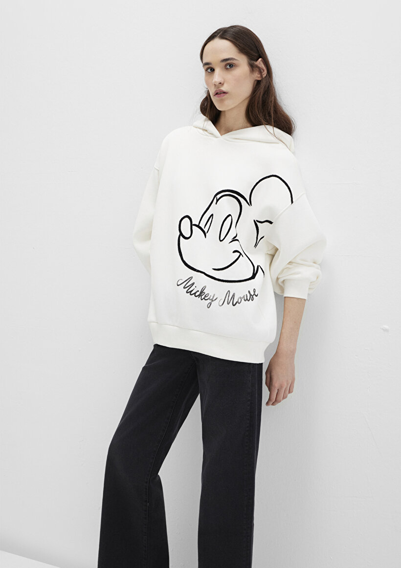 Outlet Kadın Mickey Mouse Baskılı Ekru Sweatshirt