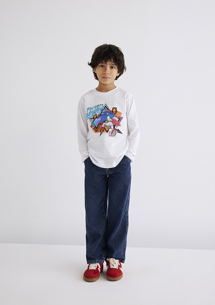 Sonic Baskılı Beyaz Tişört - Mavi