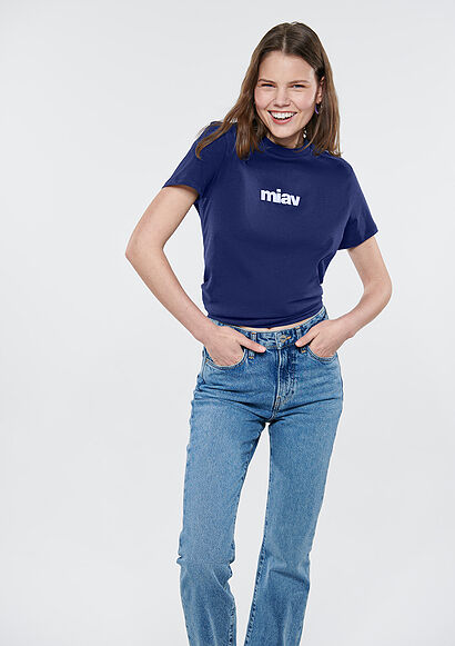 Miav Baskılı Beyaz Tişört - Mavi