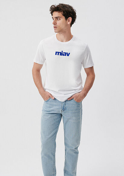 Miav Baskılı Beyaz Tişört - Mavi