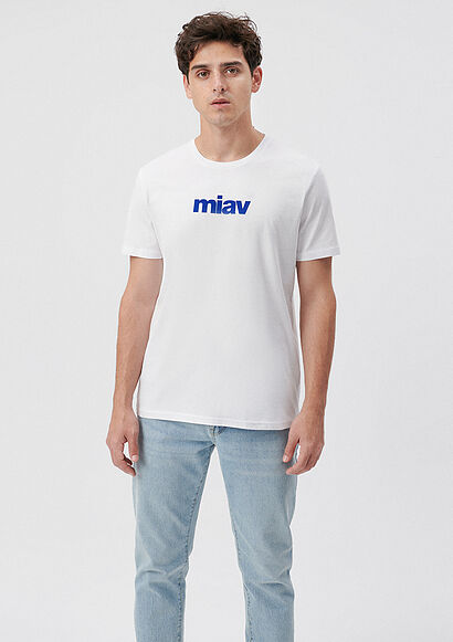 Miav Baskılı Beyaz Tişört - Mavi