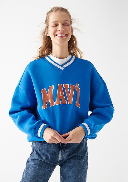 Mavi Logo Baskılı Mavi Sweatshirt - Mavi