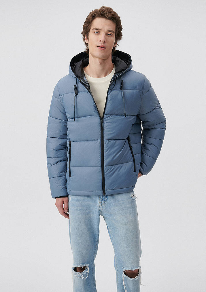 Kapüşonlu Açık Mavi Şişme Mont - Mavi